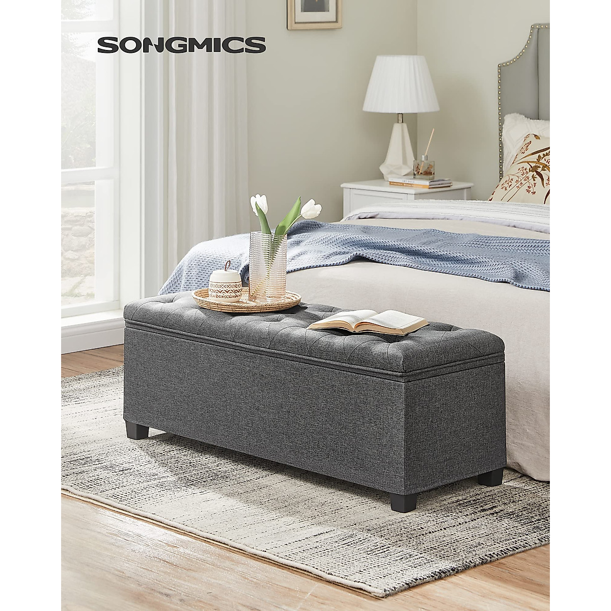 SONGMICS Storage Ottoman Bench, Foldable Foot Rest with Legs, 15.7 x 43 x 15.7 Inches, End of Bed Bench, Storage Chest, Load up to 660 lb, for Living Room, Bedroom, Entryway, Dark Gray ULSF088G01