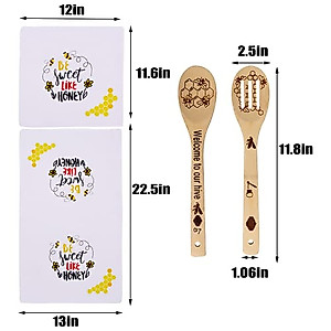Bee Decor Set of 4,2 Bee Wooden Spoons & 2 Bee Kitchen Towels,Farmhouse Honey Bee Kitchen Decor,Bumble Bee Decorations,Bee Gifts,Birthday Gifts,Housewarming Gifts