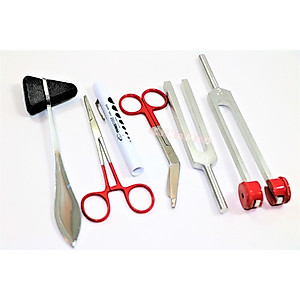 6 Pcs Reflex Percussion Taylor Hammer Penlight Tuning Fork C 256 C 512 Bandage Scissors 5.5 Inches Hemostat Forceps 5.5 Inches Cynamed