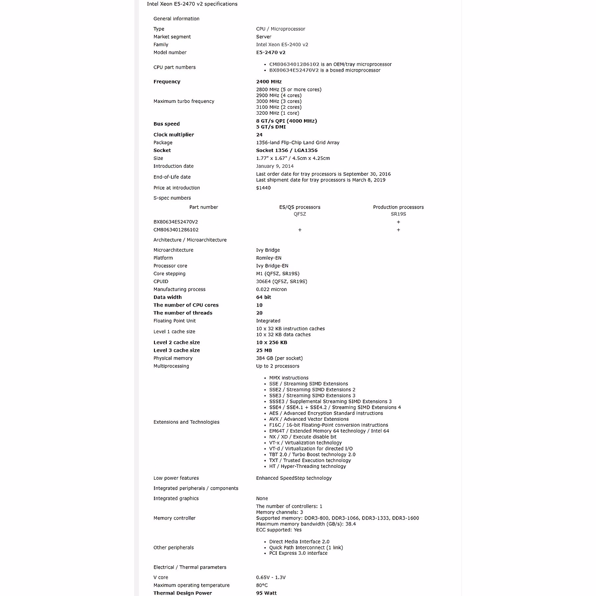 Intel Xeon E5-2470v2 E5 2470v2 E5 2470 V2 2.4 GHz Ten-Core Twenty-Thread CPU Processor 25M 95W LGA 1356