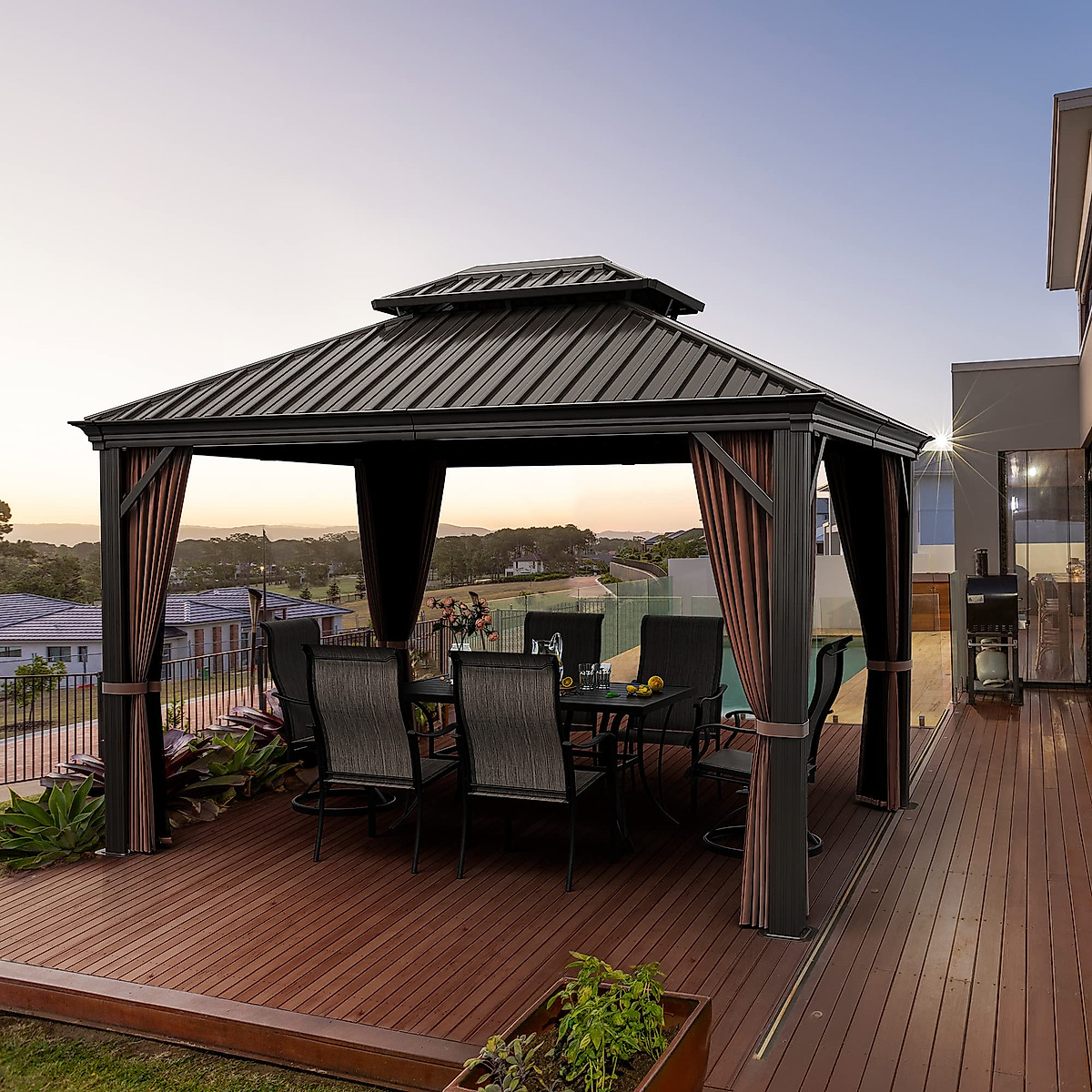 BACKYADOOR 10x12 Gazebo, Outdoor Hardtop Gazebo with Mosquito Netting and Curtains, Hard Top Metal Gazebo for Backyard, Deck, Poolside （Brown）