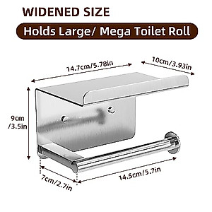 Adhesive Toilet Paper Holder with Phone Shelf, Wall Mounted Toilet Paper Roll Holder, Rustproof Bathroom Tissue Roll Holder with Shelf, Sticky Toilet Paper Roll Holder- Silver