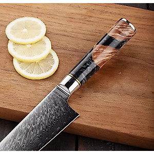 The Epicurean Cook Tidal Collection kitchen knife set with Burl Wood Resin Handles (Black Resin Handle). This 8-pc damascus chef knife set, are ideal kitchen knives set for the kitchen.