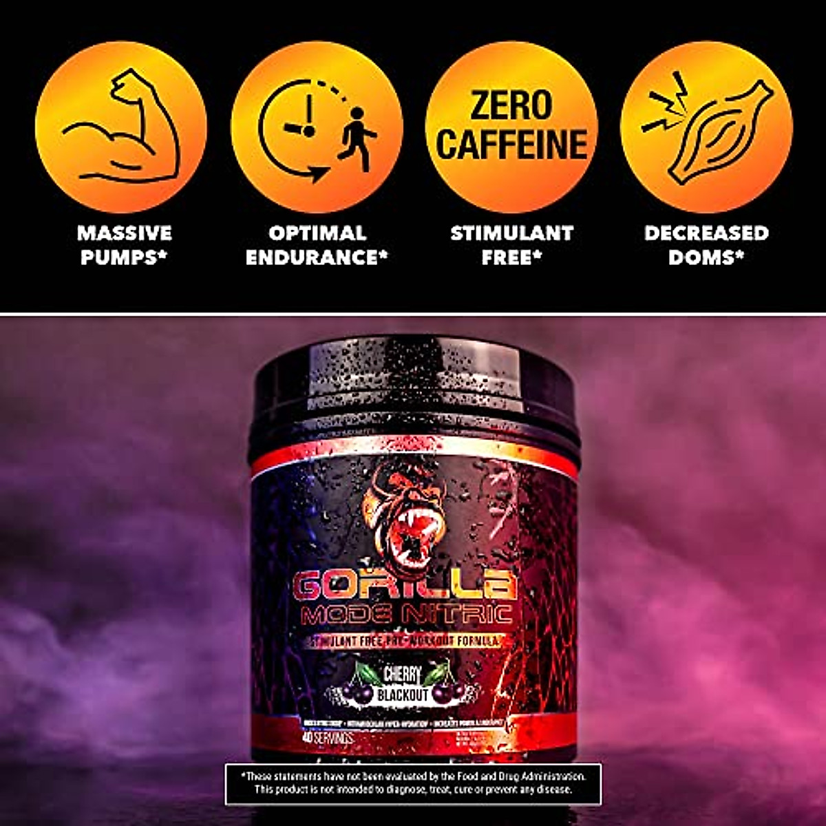 Gorilla Mode Nitric Stimulant Free Pre-Workout – Best Tasting and Most Effective Stimulant Free Pre-Workout / Massive Pumps · Vasodilation · Power / 700 Grams (Cherry Blackout)