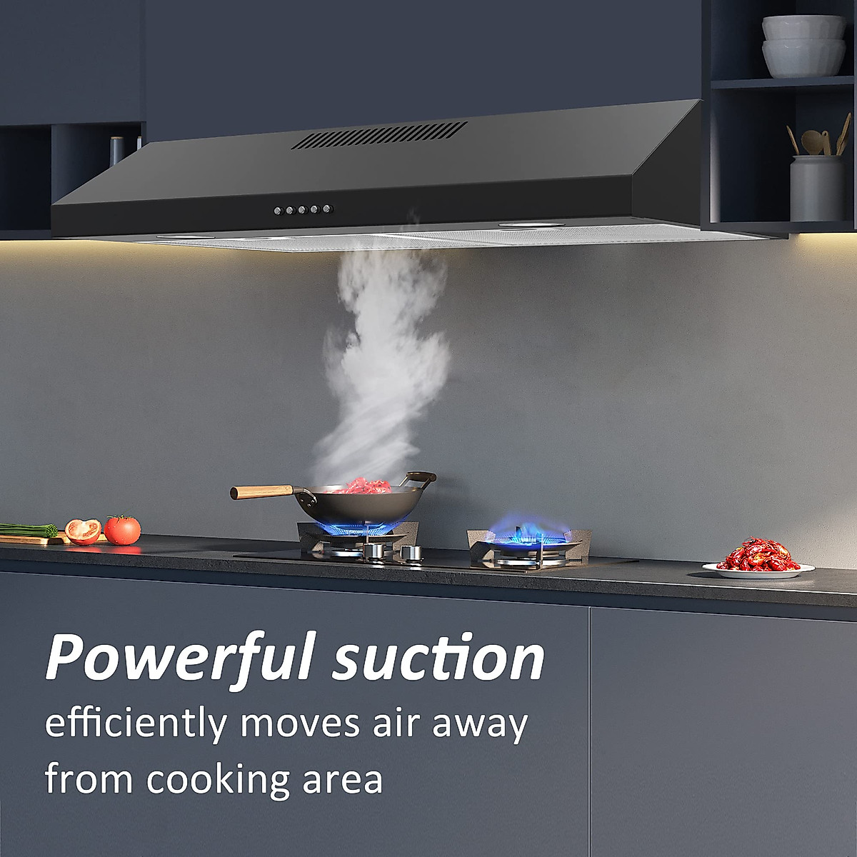 Black Range hood 30 inch, 300CFM Under Cabinet Range Hood with Ducted/Ductless Convertible Slim Kitchen Over Stove Vent, 3 Speed Exhaust Fan, LED Lights, Vent Hood with Charcoal Filter