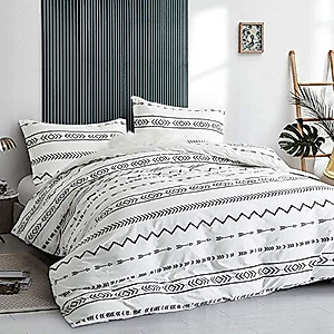 JUCFHY Duvet Cover Queen,600 Thread Count Cotton 3pcs Queen Duvet Cover Set Black Stripe Geometric Printed on White,Reversible with Zipper Closure 1 Duvet Cover and 2 Pillow Shams(Queen,Chelsea)