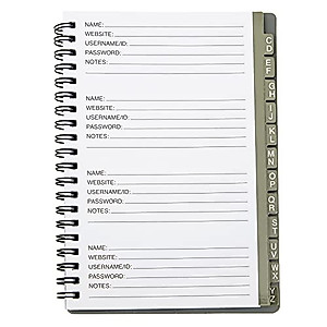 Juvale 2 Pack Spiral Password Notebook with Alphabetical Tabs, Internet Address Keeper Logbooks, Grey/Black (6x7 In)