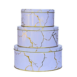 Pack of 3 Stackable Round Metal Tin Containers with Lids – Multipurpose Tins for Cookies, Candies, Kitchen Essentials & More | Thoughtful Gift for Women's / Mother's Day – Elegant White Gold Design