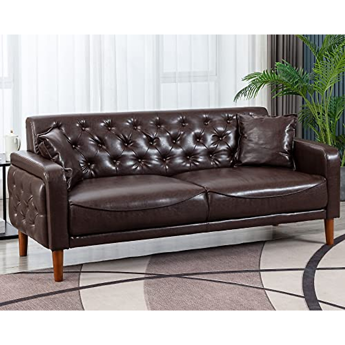 Aoowow Faux Leather Sofas and Couches 78 Inches Long, Mid Century Modern Couch Tufted Back Sofa with 2 Throw Pillows, Armrest and Wooden Legs for Living Room, Apartment, Bedroom (Brown)