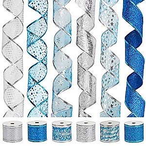 VATIN Christmas Ribbon,Wired Holiday Party Ribbons Assorted Snowflake Dot Holly Star Patterns Decorations, Swirl Sheer Glitter Ribbon 36 Yards (2.5" Width x 6Yard Each Roll) -Blue/Silver