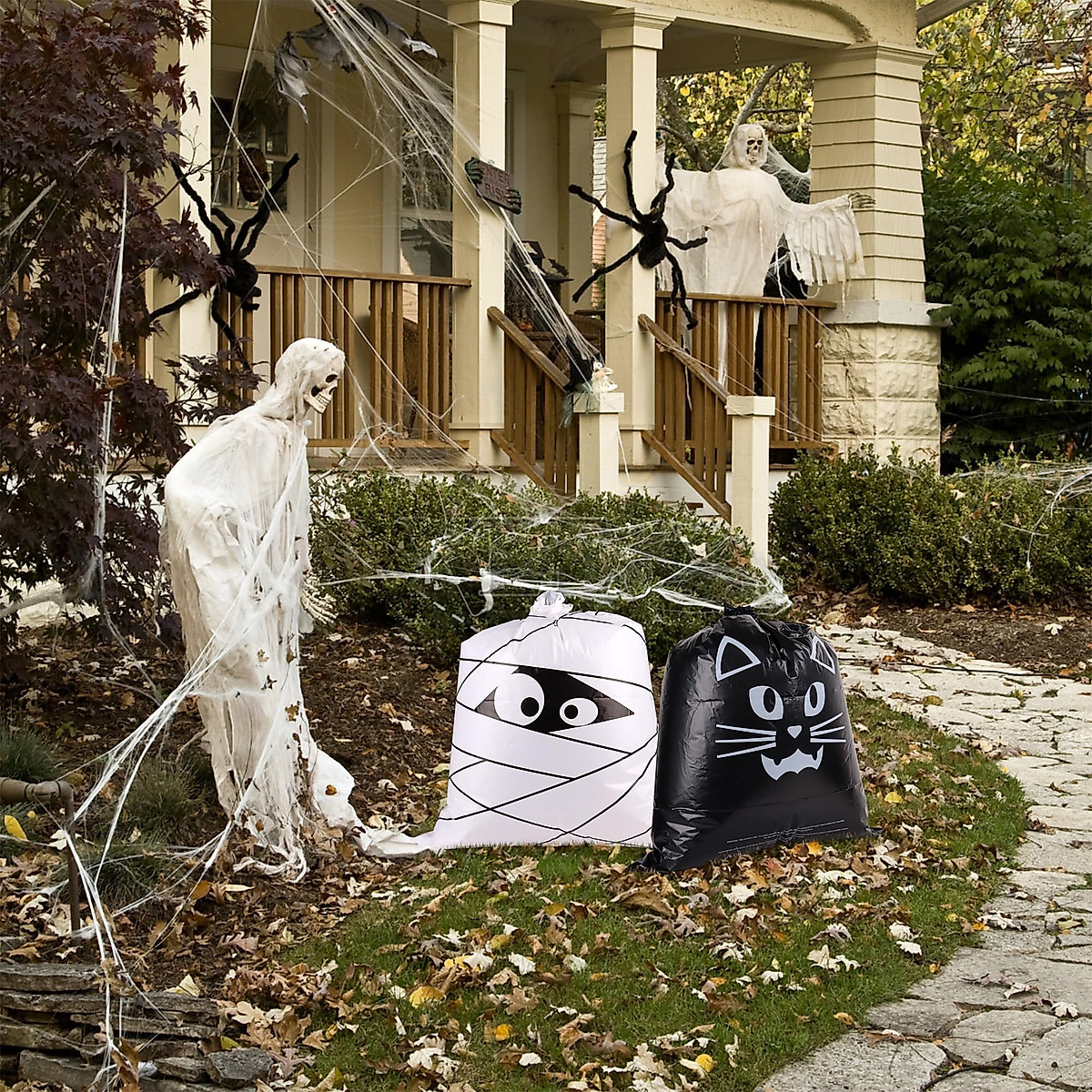 POPGIFTU 12 PCS Halloween Lawn Leaf Bags Pumpkin Lawn Bags, with 6 Halloween Pattern Designs, Plastic Outdoor Fall Leaf Trash Bag for Fall Decorations Outdoor Yard Lawn Halloween Decorations