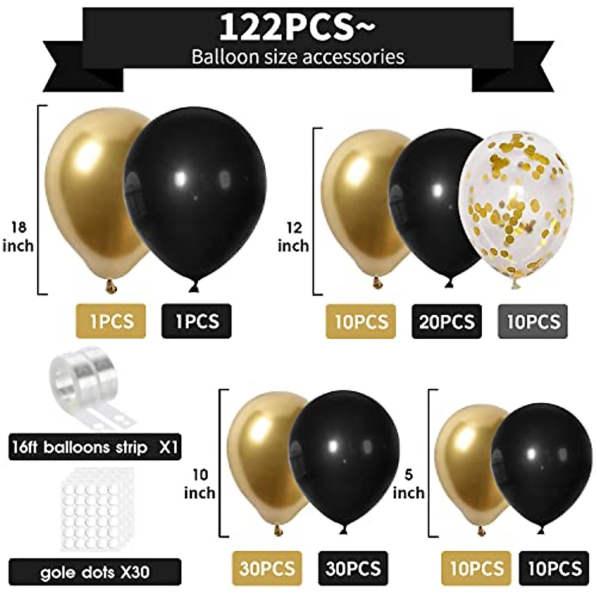 DKCPISCO Black Gold Balloons Garland Kit, 122PCS Black Metallic Gold Confetti Latex Balloons Arch Kit for Graduation Birthday Weddings with long strip and balloon dot glue