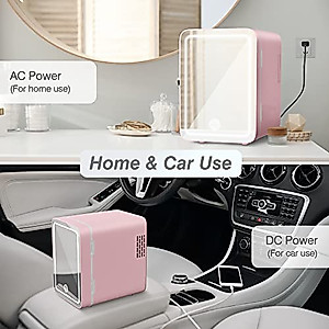 Easy-Take Skincare Fridge - Mini Fridge with Dimmable LED Mirror (4 Liter/6 Can), Cooler and Warmer, for Refrigerating Makeup, Skincare and Food, Mini Fridge for Bedroom, Office and Car, Pink