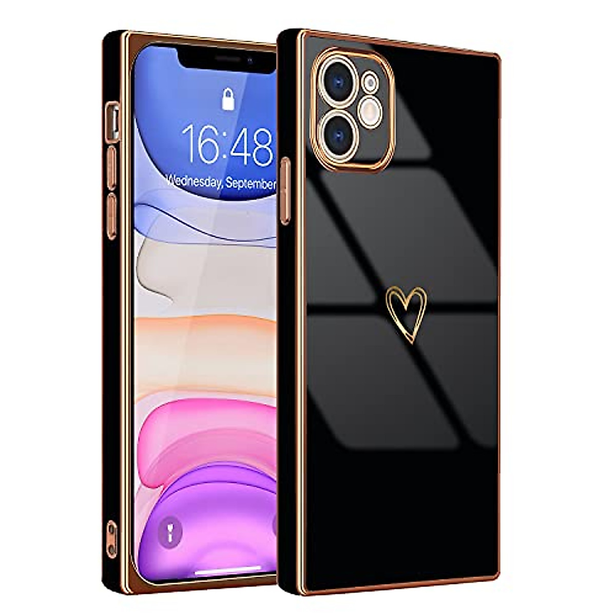 Pepmune Compatible with iPhone 11 Case, Women Cute Luxury Heart Design Shockproof Soft Bumper Girls Square Bling Silicone Camera Lens Protective Cover for Apple iPhone 11 Phone Cases Black 6.1 inch