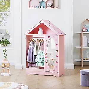 UTEX Kids Dress Up Storage with Mirror, Kids Wardrobe Closet, Dress Up Armoire for Little Girls, Open Hanging Kids Costume Organizer with Storage Cabinet for Kids Room, Playroom