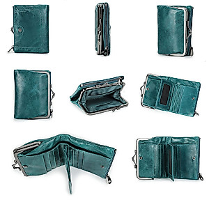 Contacts Womens Kiss Lock Wallet Leather Small Zipper Coin Pocket for Women Blue Bifold Rfid Clasp Purse Card Holder with Photo Window