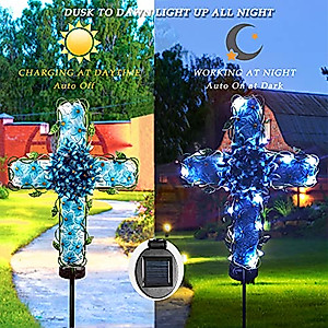 COOZZYHOUR Solar Cross Garden Lights Outdoor Decorative - Solar Metal&Glass Cross Blue Hydrangea Flower Stake Lights- Waterproof 20 Warm White LED for Remembrance Gifts