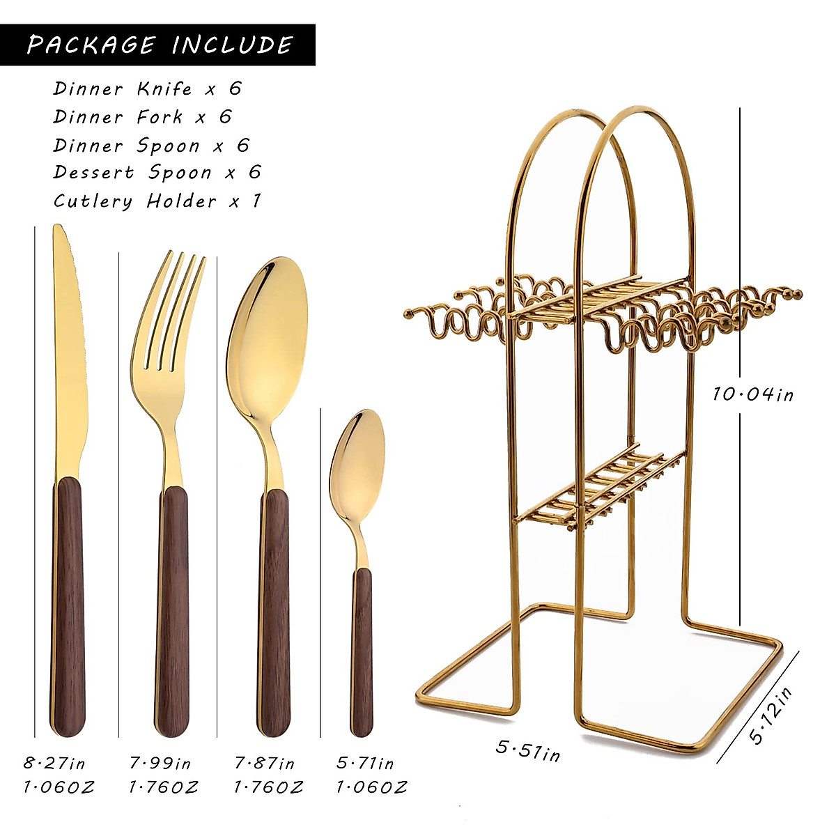 Silverware Set with Holder - Uniturcky Hanging Flatware Set with Stand - 24PCS Cutlery Set with Faux Wooden Handle - Stainless Steel Utensils Set for Home Restaurant Party (Gold, Service for 6)