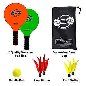 Funsparks Jazzminton Paddle Ball Game with Carry Bag - Indoor Outdoor Toy - Play at The Beach, Lawn or Backyard - 2 Wooden Racquets - 4 Shuttlecocks - 1 Ball
