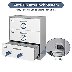 LISSIMO Lateral File Cabinet with Lock, 3 Drawer Metal Storage Filing Cabinet for Hanging Files Letter/Legal/F4/A4 Size, Vertical Files Cabinet for Home Office