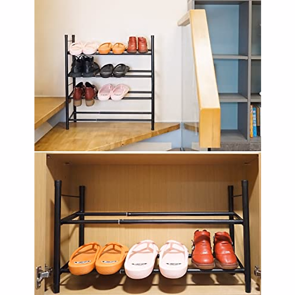 LNYZQUS 4-Tier Expandable Shoe Rack,Stackable Sturdy Shoe Shelf Shoes Stand,Metal Slim Closet Shoe Racks Organizer Adjustable Long Sneaker Rack For Closet Entryway-Black