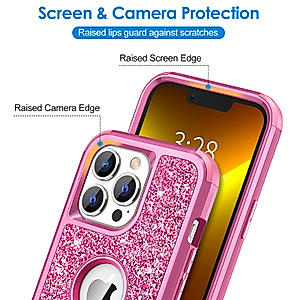 Hython Case for iPhone 13 Pro Max Case Glitter, Cute Shiny Bling Sparkle Cover, Heavy Duty 3 in 1 Hybrid Hard PC Soft TPU Bumper Full Body Shockproof Protective Phone Cases for Women Girls, Rose Red
