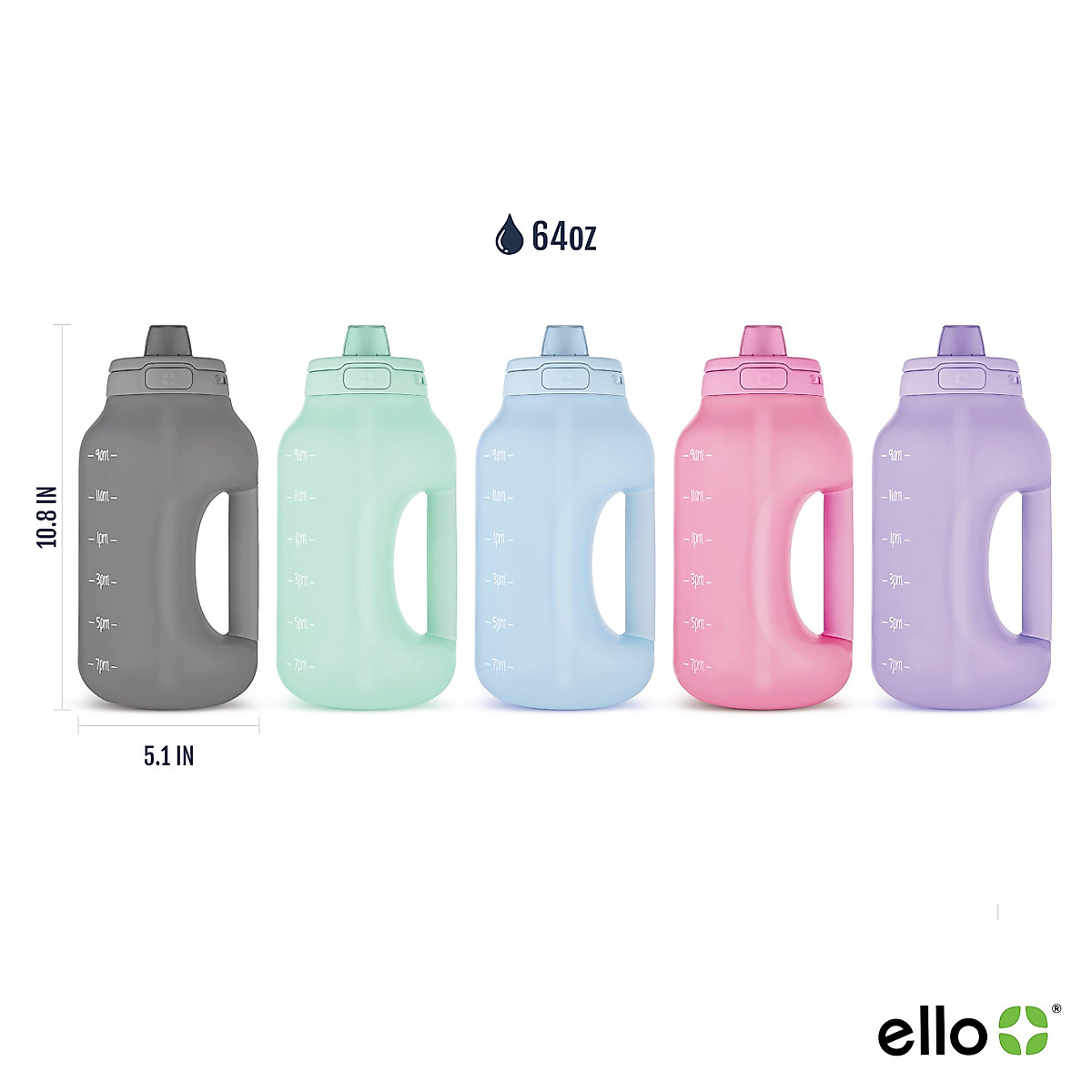 Ello Hydra Half Gallon Jug with Time Marker & Handle for All Day Hydration & Silicone Straw with Locking, Leak Proof Lid BPA Free, Yucca, 64oz