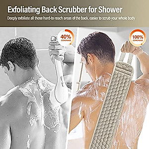 Suntee Exfoliating Back Scrubber for Shower, 3 PCS Loofah Back Scrubber with Exfoliating Glove and Sponge Pad Set, Long Deep Clean Back Washer Bath Shower Scrubber for Men and Women (36.5 * 4.5 inch)
