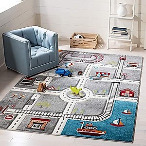 Safavieh Carousel Kids Collection Area Rug - 4' Square, Grey & Ivory, Non-Shedding & Easy Care, Ideal for High Traffic Areas for Boys & Girls in Playroom, Nursery, Bedroom (CRK192F)