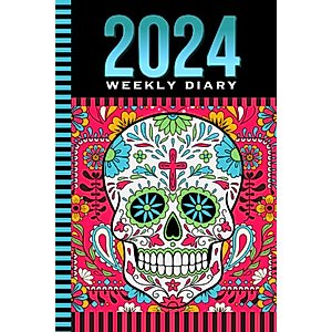 2024 Weekly Diary: 6x9 Dated Personal Organizer / Daily Scheduler With Checklist - To Do List - Note Section - Habit Tracker / Organizing Gift / Hot Pink Blue Black Sugar Skull Art Cover