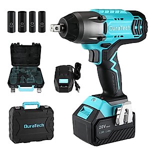 DURATECH Cordless Impact Wrench - Gifts for Dad, 20V Impact Gun, 1/2'' Drive, 330 Ft/lbs Max Torque, with 4 Impact Sockets, 4.0Ah Large Capacity Battery and Fast Charger Included, Great Gifts