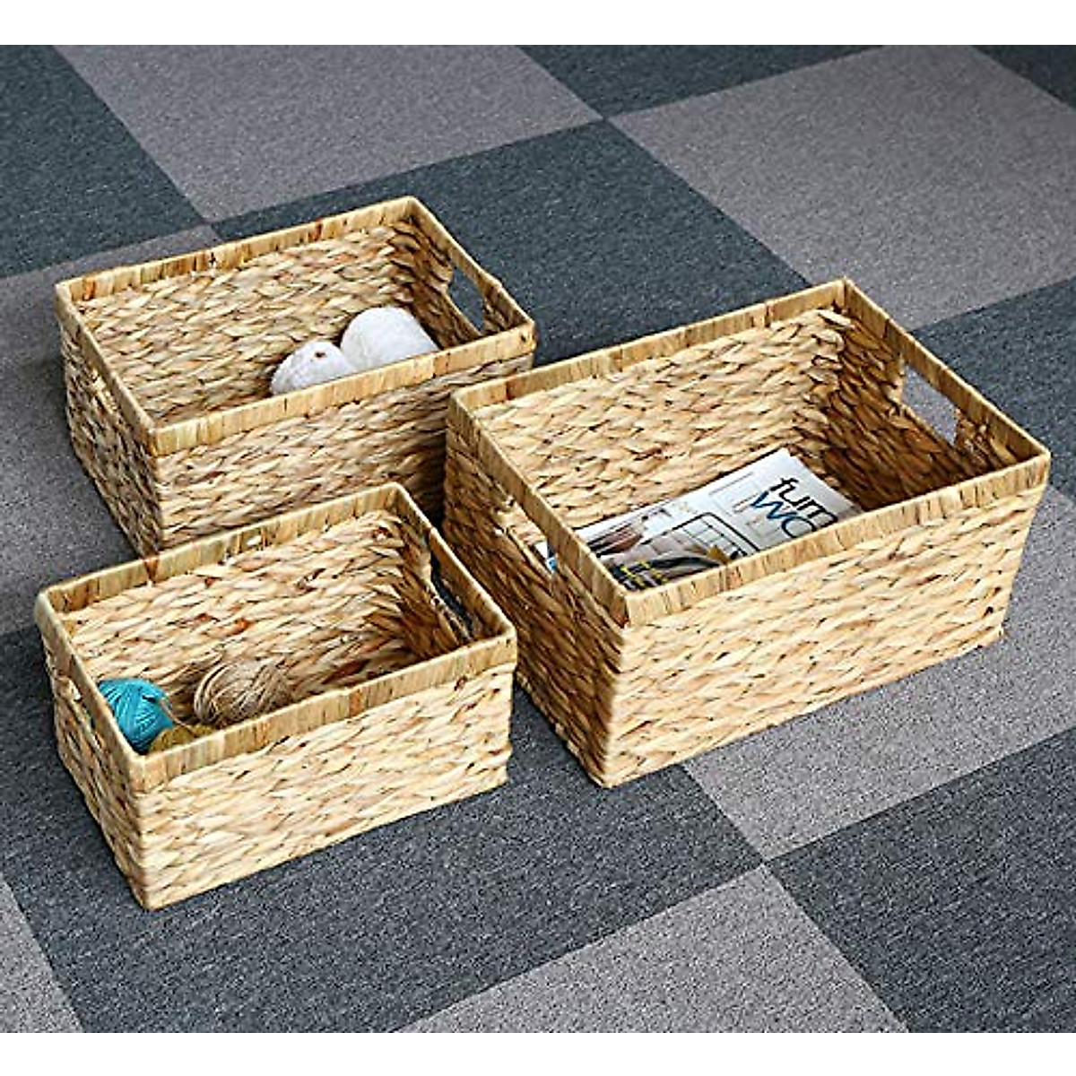 Yesland 3 Pack Water Hyacinth Storage Baskets, Natural Multisize Rectangular Storage Bins with Handle, Hand-Woven Organizer Container Bins with Iron Wire Frame for Bedroom, Living room
