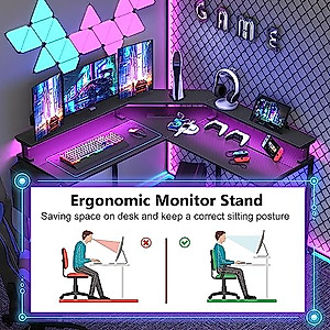 wOod-it Computer Desk for Gaming-51 Inch L Shaped Corner, Home Office Writing Table with LED Lights, Power Outlets, Monitor Stand, Cup Holder, Carbon Fiber Surface, 51 Inch, Black