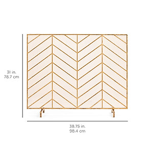Best Choice Products 38x31in Single Panel Handcrafted Wrought Iron Mesh Chevron Fireplace Screen, Fire Spark Guard for Living Room, Bedroom Décor w/Distressed Antique Finish - Gold