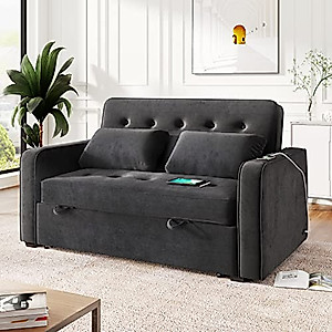 PURLOVE 65.7" Linen Pull Out Sleep Sofa Bed,Upholstered Sleeper Bed with Dual USB Charging Port,Loveseats Sofa Couch with Adjustable Backrest for Living Room Office