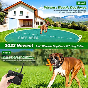 Wireless Dog Fence,2023 Wireless Boundary Containment System,2-in-1 Electric Dog Fence & Remote Training Collar,Adjustable Vibration & Shock,IP65 Waterproof Training Collar for Large and Medium Dogs