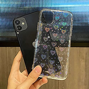 SmoBea Compatible with iPhone 12 Mini Case, for Laser Glitter Bling Heart Soft & Flexible TPU and Hard PC Back Shockproof Cover Women Girls Heart Pattern Phone Case (Rainbow Heart/Clear)