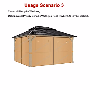 Garden Sunny 10'x10' Gazebo Universal Replacement Privacy Curtains with Mosquito Windows - Closable Screen with Zipper 2 in 1 Design 4-Panels Protecting Shade Set (Only Sidewasll and Netting)- Khaki
