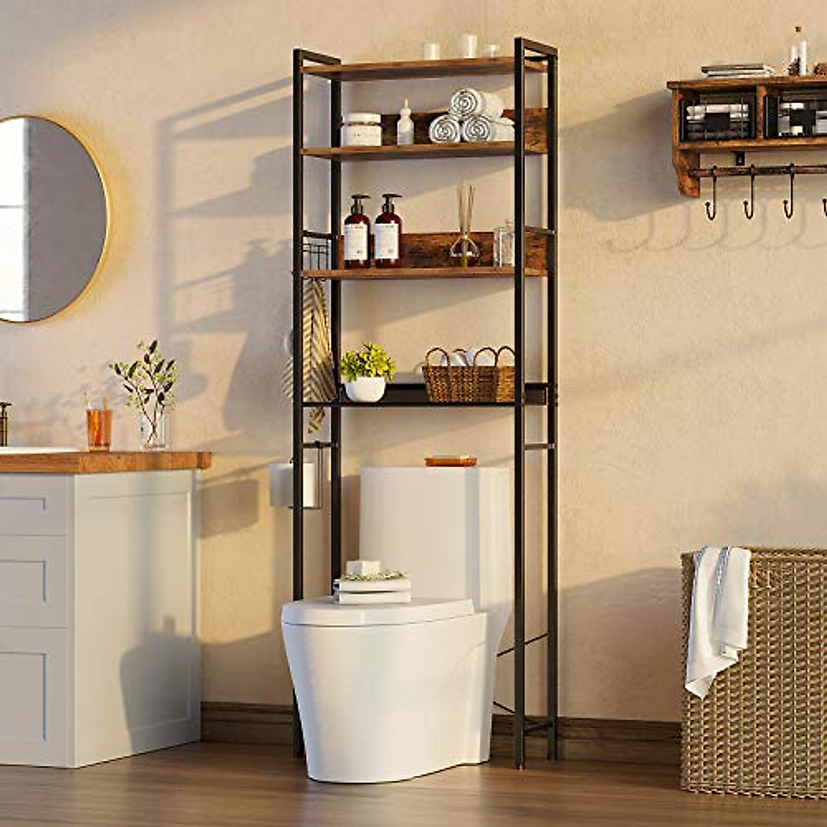 Rolanstar Over The Toilet Storage, 4-Tier Wooden Bathroom Space Saver with Hooks, Freestanding Bathroom Organizer, Multifunctional Over The Toilet Storage Rack, Bathroom Toilet Rack, Rustic Brown