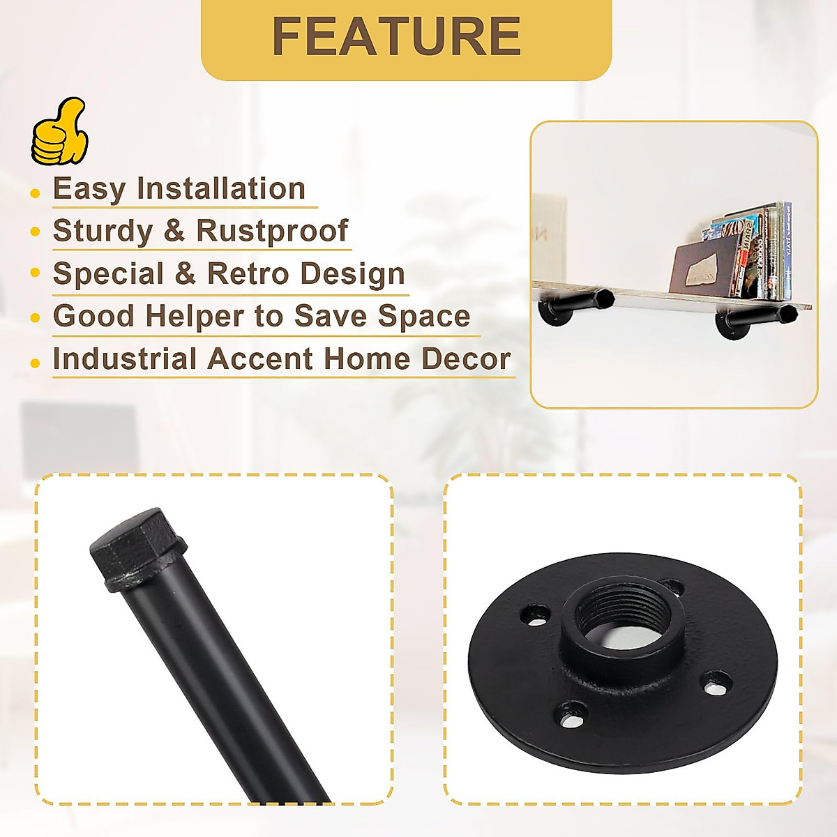 Pintuson 6 Pcs Industrial Pipe Clothes Bar 10 Inch - Wall Mount Clothing Rack - Face Out Closet Rods for Hanging Clothes Commercial Retail Boutique Laundry Shirt Display - Black