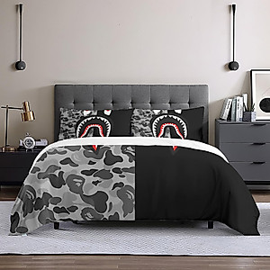 LZZIT Shark Mouth Camo Bedding Set Boys Shark Mouth Camo Duvet Cover and Pillow Cases 3 Pieces,Queen Comforter Cover Set, Full