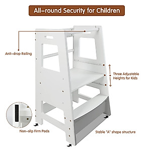 ECOMEX Toddler Standing Tower for Kitchen, Step Stool for Kid's Adjustable Height Learning Stool, Removable Anti-Drop Safety Rail Stool for Bedroom, Bathroom, White