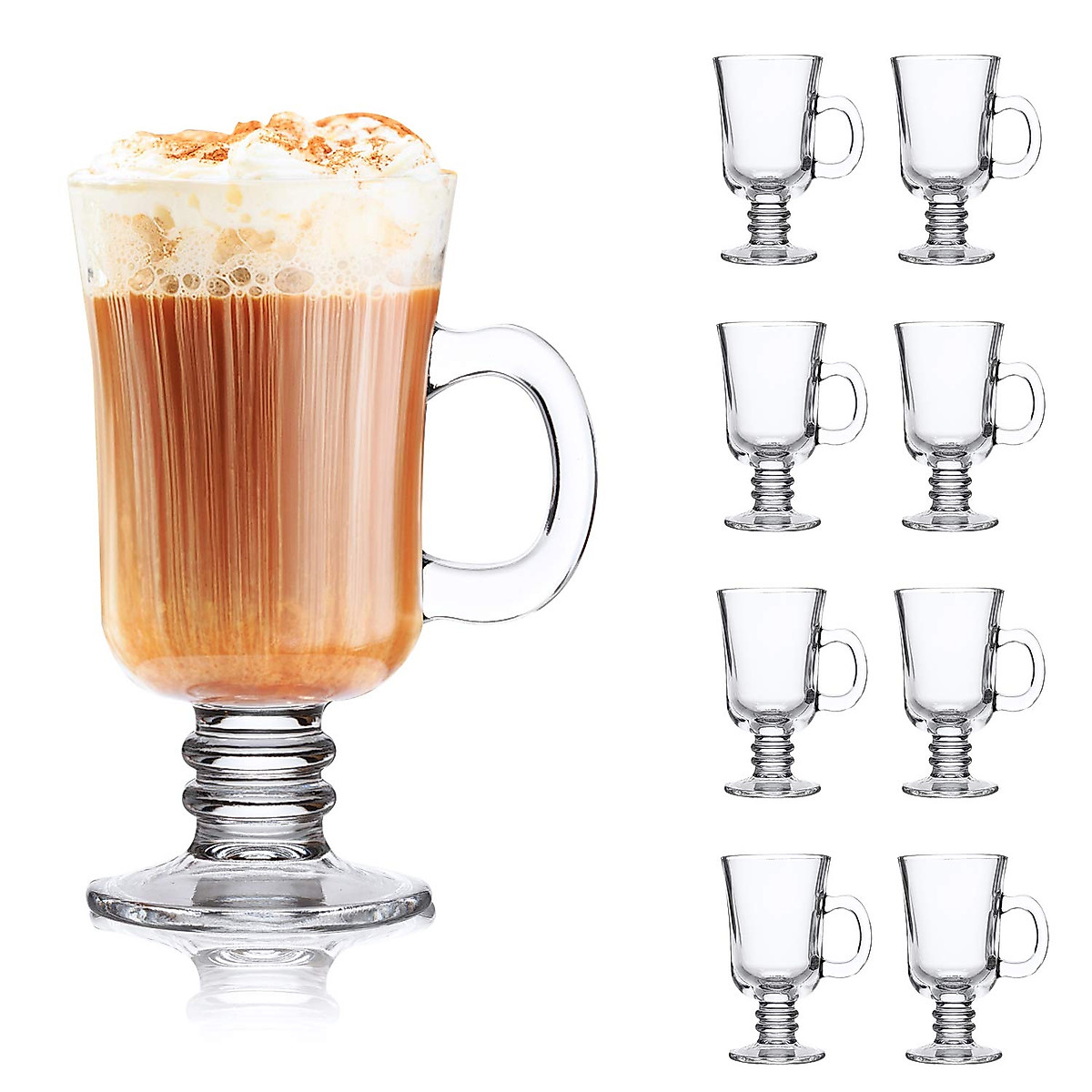 QAPPDA 8oz Coffee Mug, Glass Mugs With Handle,Clear Cups With Handle,Glass Cup Tea Cup Drinkware For Beer,Juice,Beverages,High Base Glass Latte Cups Cappuccino Mugs,Irish Coffee Mugs Set of 8 KTZB22…