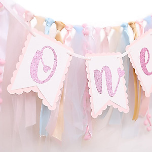 Pink Sweetheart One Birthday Banner - Pink Tutu Skirt High Chair Banner , 1st Birthday Party Gifts for Girls , Winter Onederland 1st Birthday Girl Decorations , Pastel Tassel Banner Ribbons