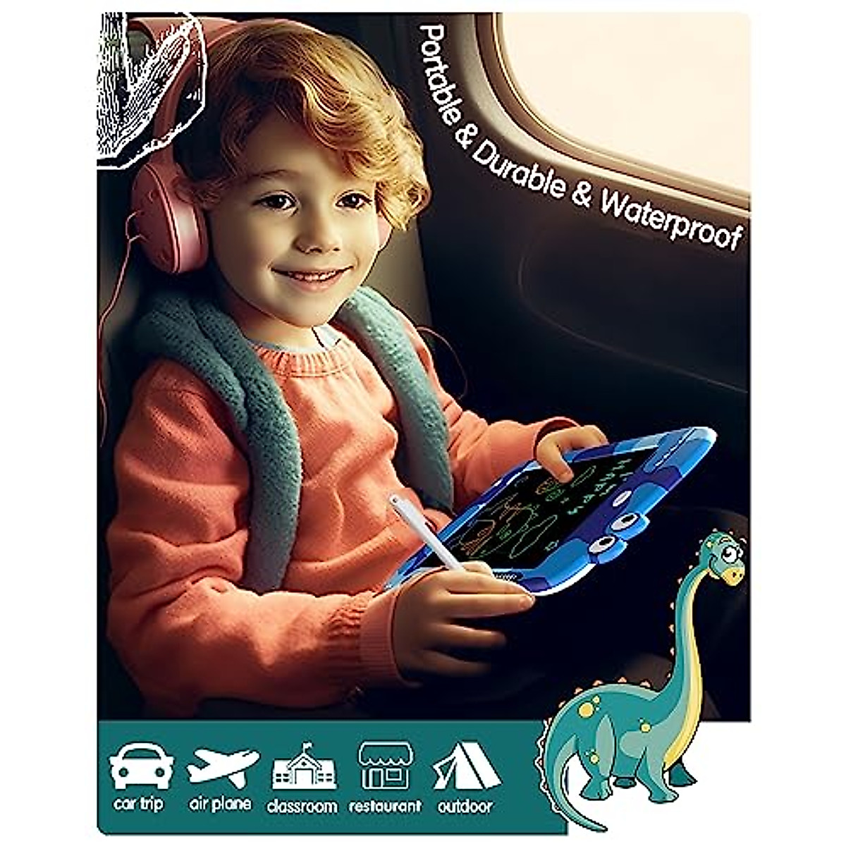 VNVDFLM 8.8 Dino LCD Writing Tablet for Kids Doodle Board Drawing Pad Birthday Gifts for 3 4 5 6 7 8 Year Old Boys and Girls (Blue Camo)