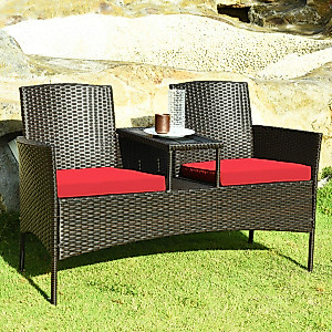 RELAX4LIFE Conversation Furniture Set with Table and Two Removable Cushions Rattan Wicker Chairs and Table Set for Patio,Garden, Baloney and Lawn Outdoor Porch Furniture Sets Loveseat (Brown+Red)