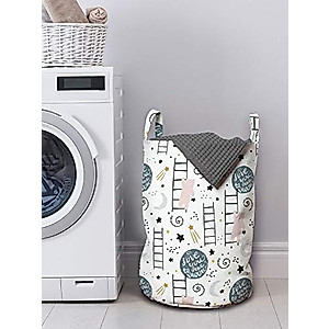 Ambesonne Scandinavian Laundry Bag, Style Cartoon Scene with Bear and Stars Love You to The Moon Words, Hamper Basket with Handles Drawstring Closure for Laundromats, 13" x 19", Multicolor