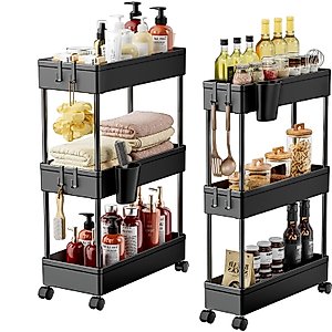 Pipishell Bathroom Cart, 2 Pack Slim Storage Cart Bathroom Organizer with Hanging Cups & Hooks, Bathroom Storage Rolling Cart for Bathroom, Laundry Room, Kitchen, Set of 2, PIUC07BK2
