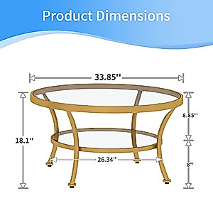 O&K FURNITURE Modern Round Coffee Table with Storage, 2-Tier Glass Top Coffee Table for Living Room, Gold