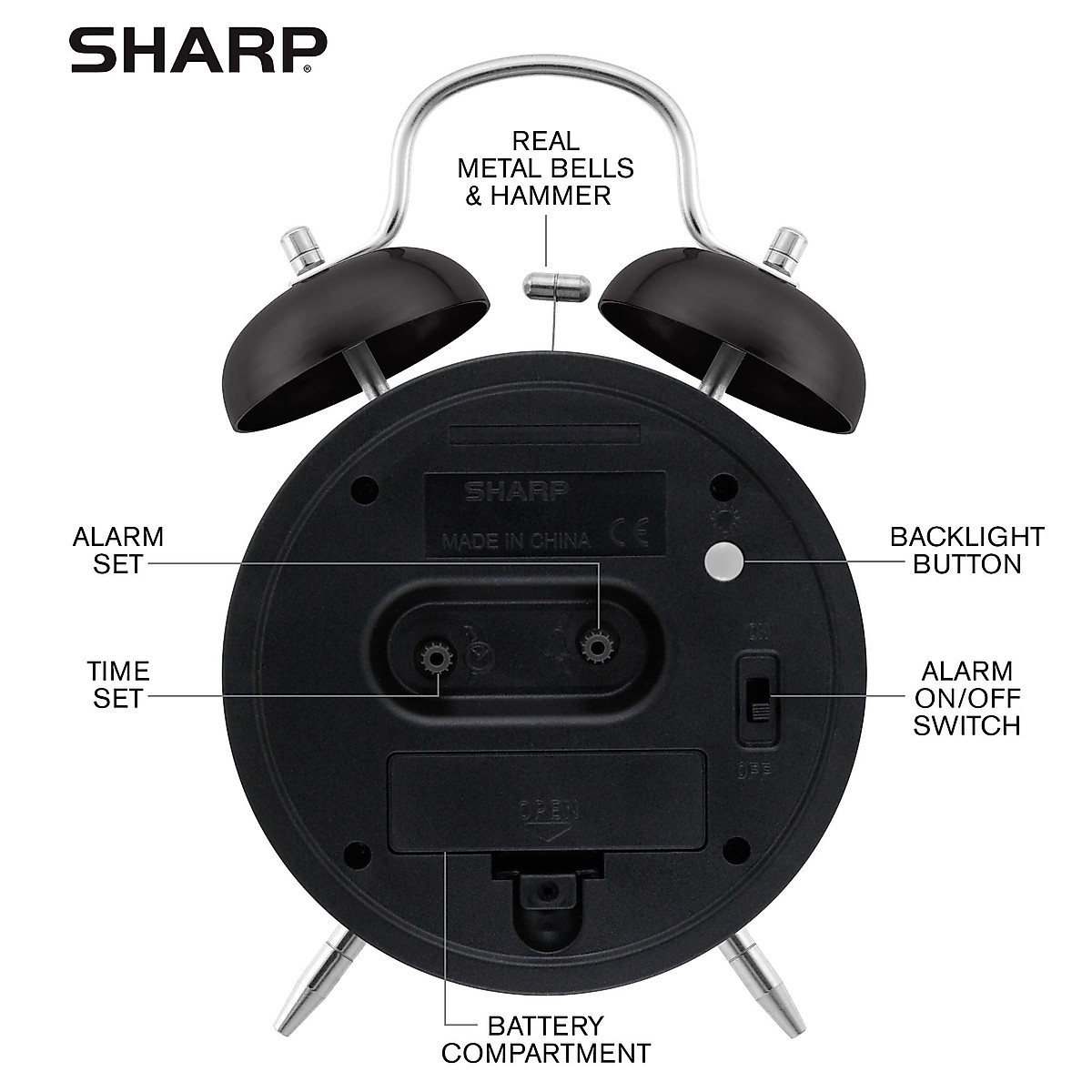 SHARP Twin Bell Alarm Clock - Loud Alarm - Great for Heavy Sleepers - Battery Operated Quartz Analog Clock (Midnight Black)